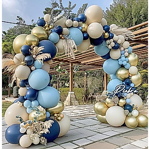 Navy Blue Balloon Garland Double Stuffed Dusty Blue White Sand Balloons Slate Blue Beige Cream Balloon Arch Kit Metallic Gold Balloons For Neutral Baby Shower Graduation Birthday Party Decoration