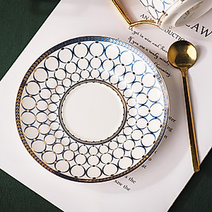 CwlwGO-European Style Ceramic Coffe Cup and Saucer Sets, 7 Oz Bone China Beautifully Glazed Blue Gold Tea Cup Set, Golden Spoon,Cappuccino, Latte, Suitable For Women's Gifts (4 pack).……