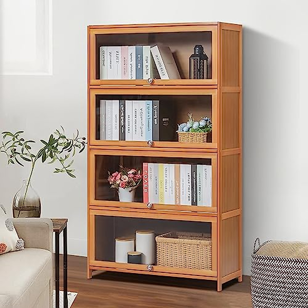 Magshion Bamboo 4-Tier Display Case Bookcase with Clear Acrylic Flip-Up Doors, Wide Brown Kitchen Cabinet Storage Pantry Cabinet Showcase Storage Cabinet Organizer - 31" L x 12.5" W x 54.5" H