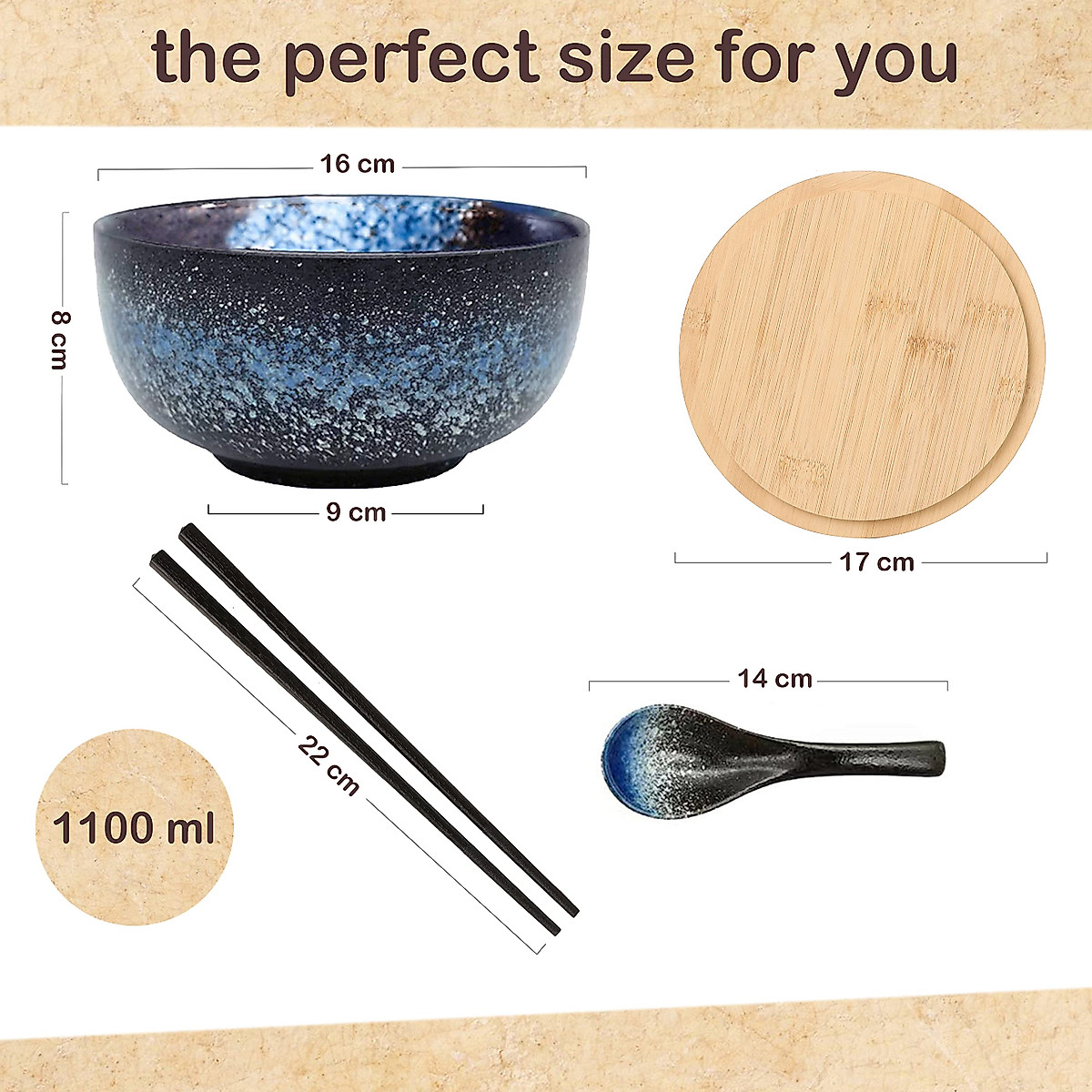 Cteaffee 38 OZ Large Ceramic Ramen Bowls Sets， Japanese ramen bowls, soup bowl, noodle bowls with Spoons and Chopsticks For Salad, Rice, Noodles, Microwave & Dishwasher Safe (Ramen bowl set)