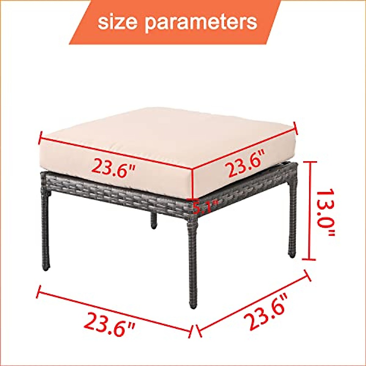 LOKATSE HOME Patio Footstool Outdoor Ottoman with Soft Thick Cushion for Garden Yard Deck Sunroom, Beige