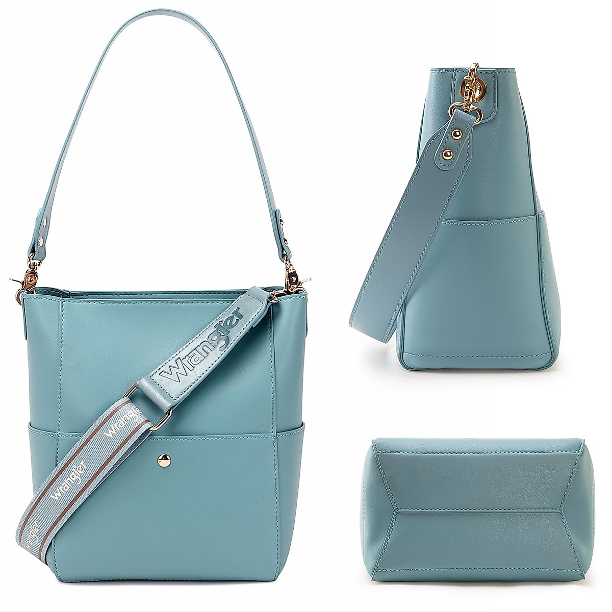 Wrangler Bucket Handbags for Women Crossbody Purse with Guitar Strap and Hobo Bag Organizer Insert Tote Oversized Blue WG67-9182BL