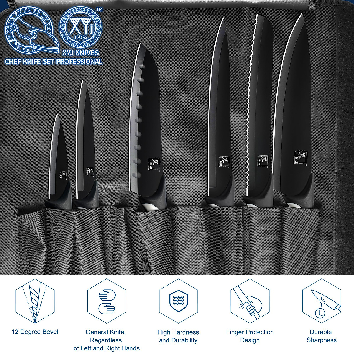 XYJ Authentic Since1986,Professional Knife Sets for Master Chefs,Kitchen Knife Set with Bag,Cover,Scissors,Culinary Butcher Cleaver,Cooking Cutting,Utility,Bread,Santoku