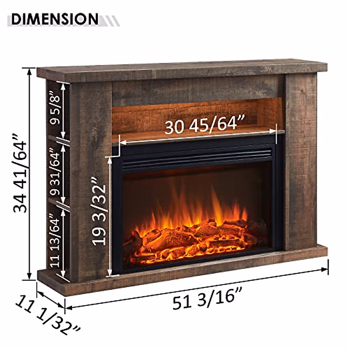 LegendFlame® Barron Electric Fireplace with 51" Storage Shelf Mantel Surround and Jaden 31" Insert, Rustic Dark Oak