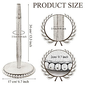 Farmhouse Paper Towel Holder Washed Beaded Paper Towel Stand Wood Paper Hanger Rack Standing Towel Roll Stand Organizer Paper Roll Holder Roll Dispenser for Kitchen Bathroom Countertop Cabinet, White