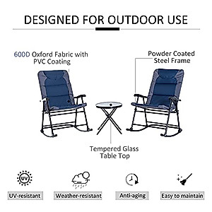 Outsunny 3 Piece Outdoor Patio Furniture Set with Glass Coffee Table & 2 Folding Padded Rocking Chairs, Bistro Style for Porch, Camping, Balcony, Blue