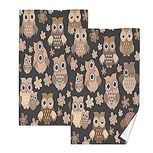 Jucciaco Cute Cartoon Owls Cotton Towels for Bathroom, Soft Absorbent Hand Towel Set of 2 for Kitchen Yoga Gym Decorative, 16x28 inch