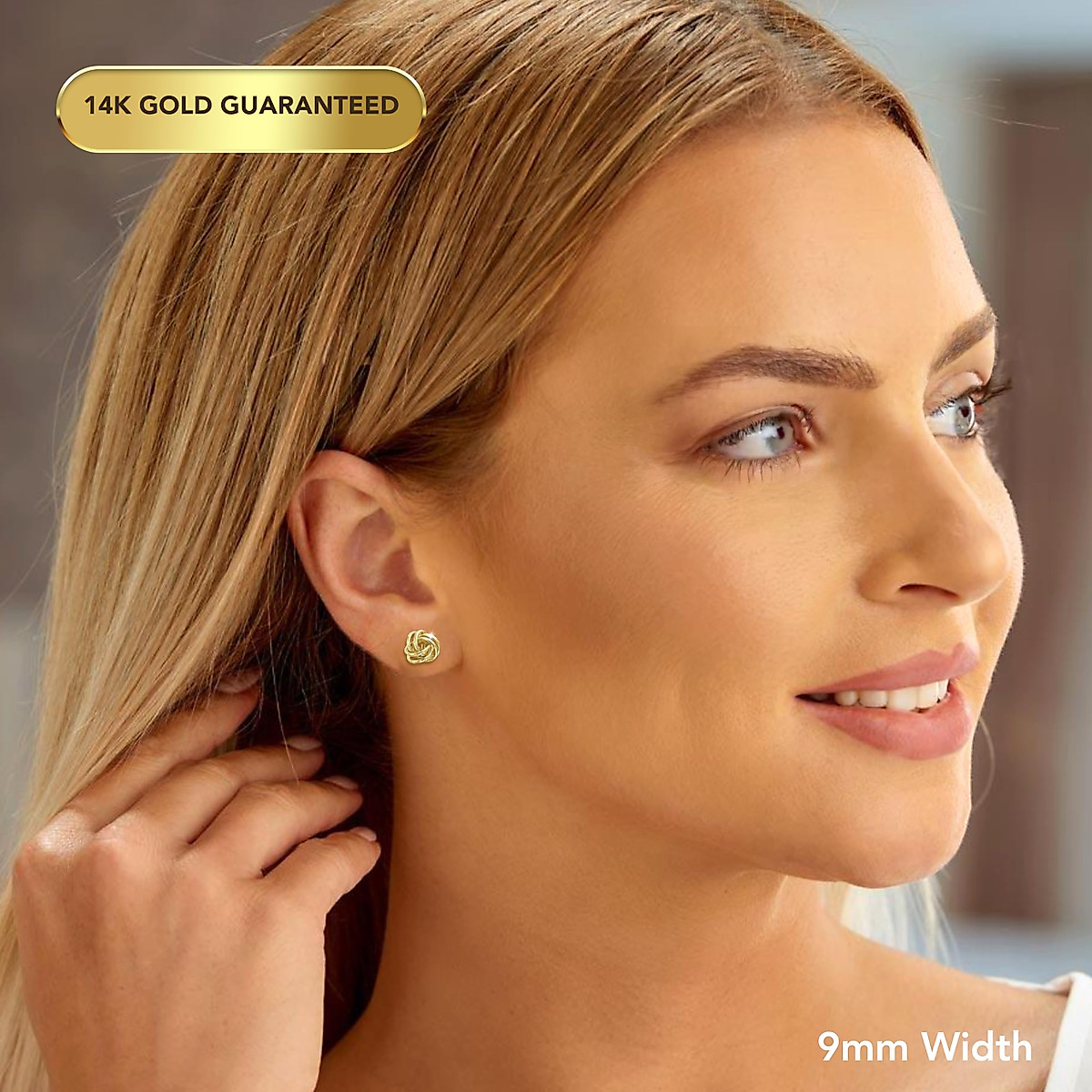 14k Gold Diamond-Cut Love Knot 9mm Stud Earrings- Push back, Yellow Gold…