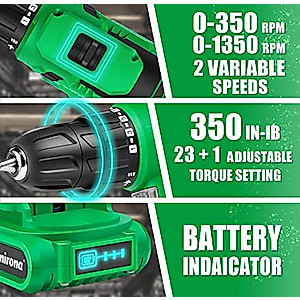 Anirona 20V Cordless Drill Set, 350 In-lb Power Drill Kit with Battery and Charger, 3/8″Keyless Chuck, 2 Variable Speed, 23+1 Position, 30pcs Bits Accessories with Storage Case