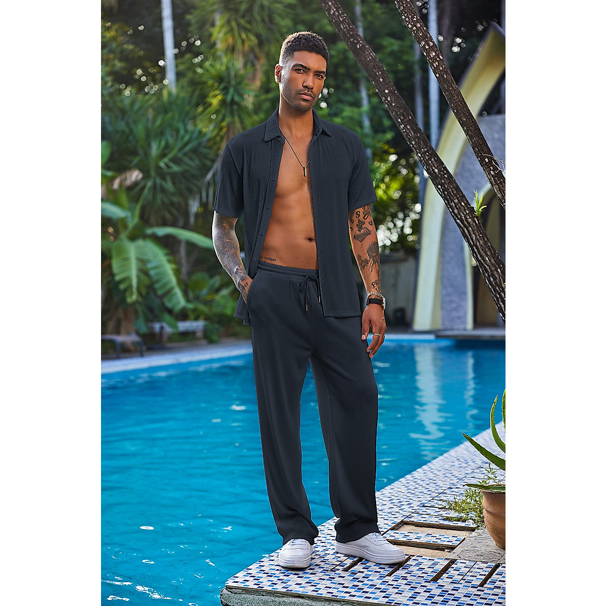 COOFANDY Men's 2 Piece Outfit Casual Short Sleeve Button Down Shirt Beach Summer Loose Pant Sets