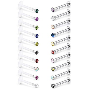 SCERRING 20PCS 16G 8mm Acrylic & Stainless Steel Labret Monroe Lip Ring Tragus Nail Helix Earring Stud Piercing Jewelry with 2mm 4-Prong-Setting Mix Color CZ