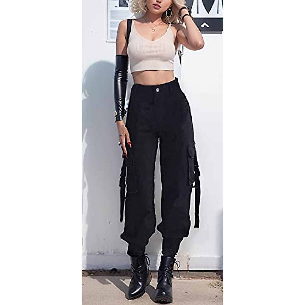 VANGULL Womens High Waisted Cargo Pants Pockets Casual Loose Combat Twill Trousers Girls Black