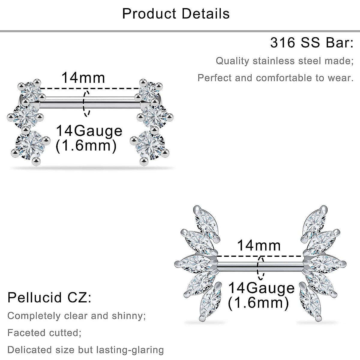 Lcolyoli 14G Surgical Steel Straight Barbell Rings Diamond Straight Shield Barbell Ring Staight Bar Body Piercing Jewelry for Women Men