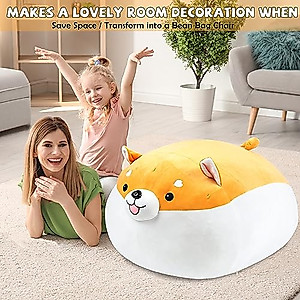 MissSoul Stuffed Animal Storage Bean Bag Chair Cover for Kids Cute Shiba Inu Yellow Dog Large Beanbag Plush Toy Bedroom Décor Organizer Cover, No Beans