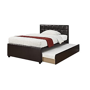 GOWE Full Size Bed w/Trundle Slats Espresso Faux Leather Plywood Kids Youth Bedroom Furniture Wooden Slats Square Box Upholstered Headboard 1pc Bed