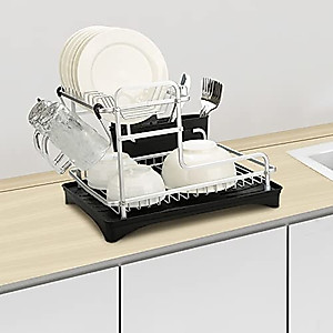 IKAYAA 2-Tier Dish Drying Rack, Dish Rack and Drainboard Set with Swivel Spout, with Cup Holder, Premium Aluminum, for Small Kitchen Countertop, Black Tray + Silver Frame