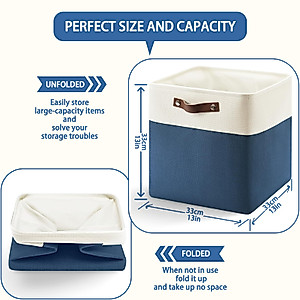 Patvingot 13 Inch Cube Storage Bins,Set of 4 , Foldable Storage Basket with PU Handles for Organizing Home, Closet,Clothes, Toy, Book,Laundry,Office, Organizers for Shelves (White&Blue)