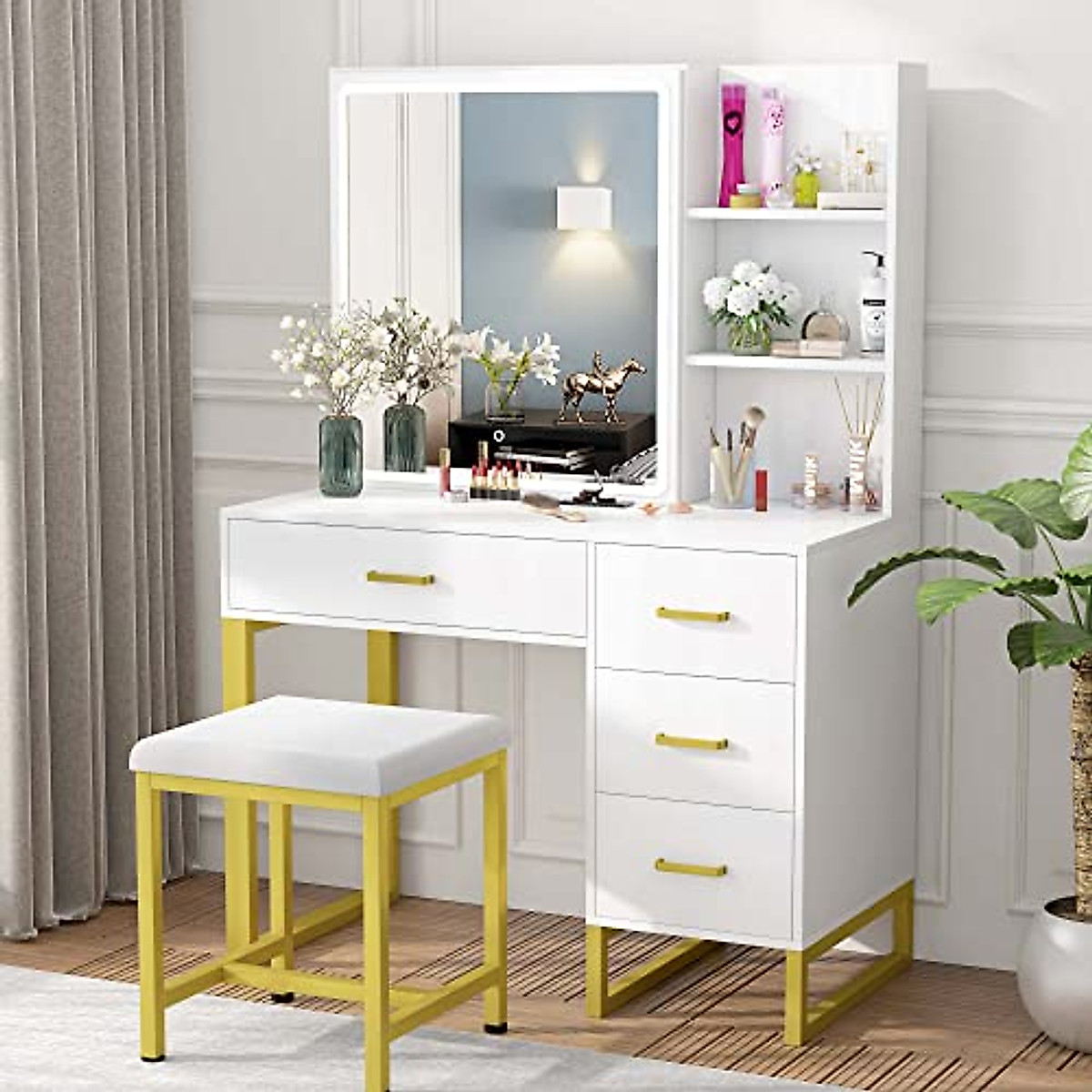 PAKASEPT Makeup Vanity with Sliding Lighted Mirror, Vanity Desk Dressing Table with 4 Drawers, White Vanity with Hidden Shelves & Cushioned Stool for Bedroom(White)
