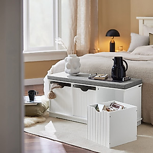 Haotian White Storage Bench with Drawers & Padded Seat Cushion, Hallway Bench Shoe Cabinet Shoe Bench, FSR30-W