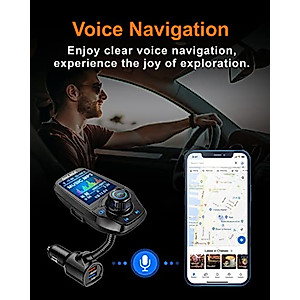 Bluetooth FM Transmitter in-Car Wireless Radio Adapter Kit W 1.8" Color Display Hands-Free Call AUX in/Out SD/TF Card USB Charger QC3.0 for All Smartphones Audio Players - RM100 Black