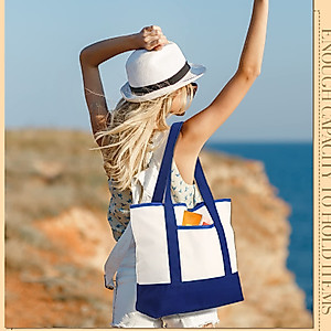 16 Pcs Canvas Tote Bag Bulk with Outer Pocket, 18 Inch Cotton Large Tote Beach Bags for Women Grocery Shopping Bags Tote Bag Blank DIY Gift,Stylish Two-Tone Splicing Open Top Strong Canvas Bag (Blue)