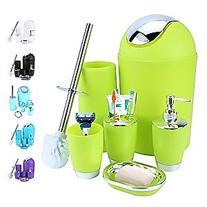 6 Piece Bathroom Accessories Set, Plastic Bath Ensemble Bath Set Lotion Bottles Toothbrush Holder Tooth Mug Soap Dish Toilet Brush Trash Can Decorative Bath Accessory Kit, Green