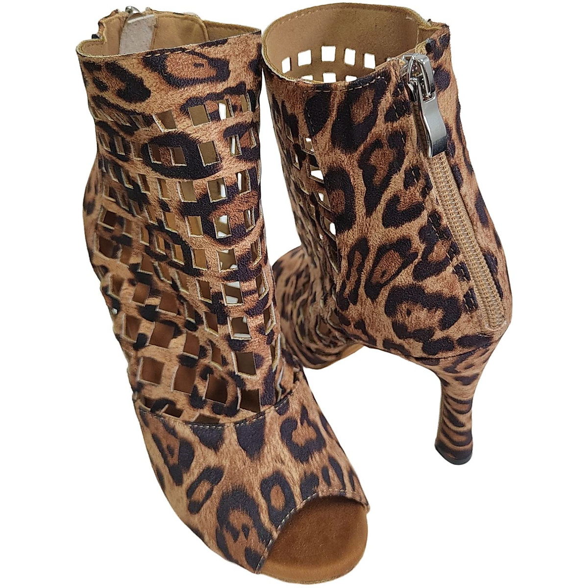 Beinimira Womens Hollow Out Latin Dance Shoes Peep Toe Mid Heel Leopard Boots Tango Latin Ballroom Chacha Leopard US 8.5