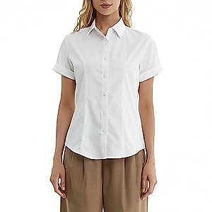 MKolour Womens White Short Sleeve Button Down Shirts - Work Blouses for Office, Casual Collared Work Shirts for Women
