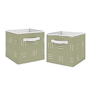 Sweet Jojo Designs Sage Green Boho Mudcloth Foldable Fabric Storage Cube Bins Boxes Organizer Toys Kids Baby Childrens Set of 2 White Bohemian Woodland Tribal Southwest Mud Cloth Hatch Triple Line
