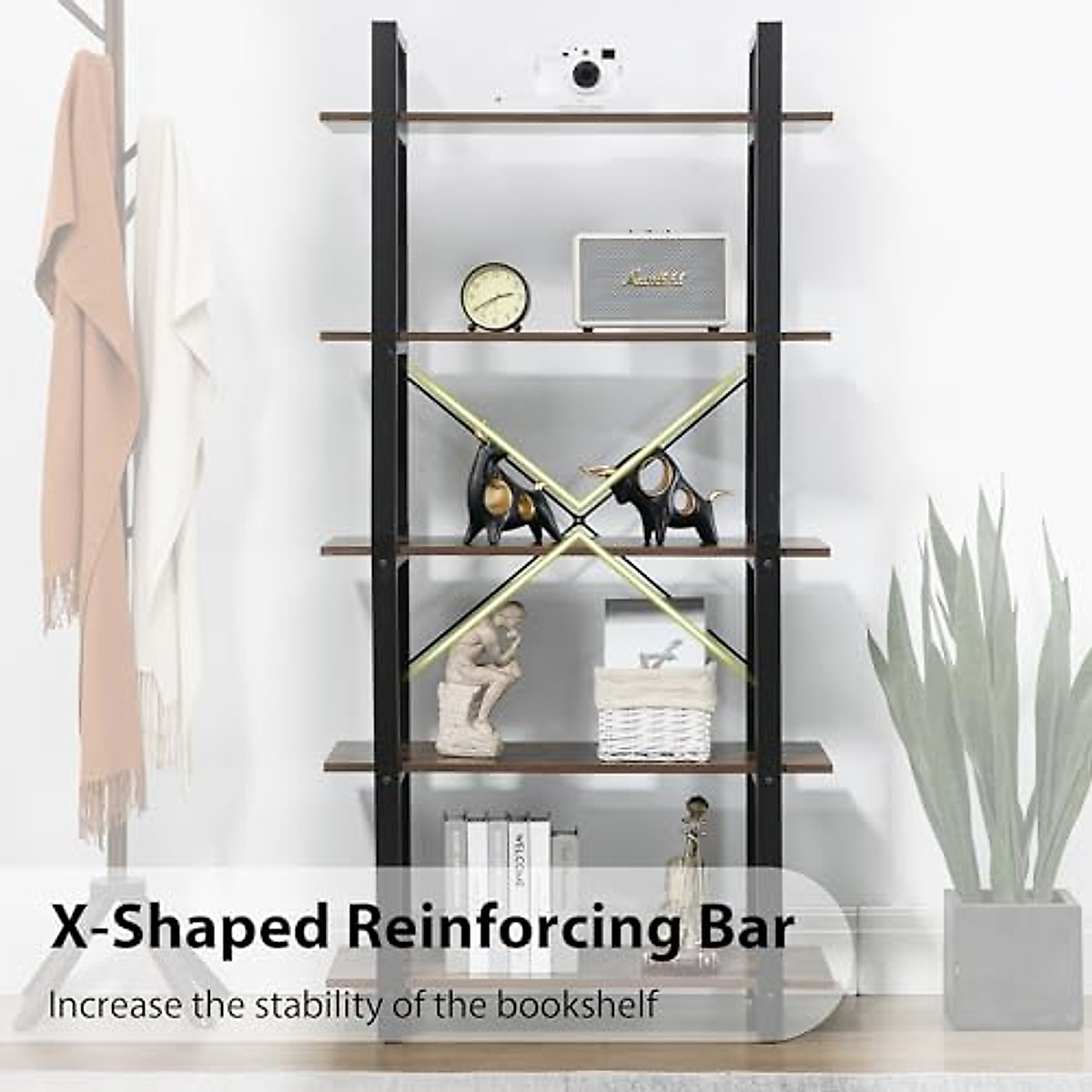 WEASHUME 5 Shelf Vintage Industrial Rustic Bookshelf, Metal and Wood Bookshelf Furniture Farmhouse Wooden Bookshelves for Home Living Room Bedroom Office Storage (Vintage Brown)