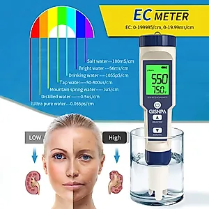 GISNPA PH Meter, 5 in 1 pH/TDS/EC/Salinity/Temp Meter, Waterproof Pool Salt Tester, 0.01 Resolution High Accuracy Water Tester for Drinking Water, Hydroponics, Saltwater Pool, Aquarium, Koi Fish Pond