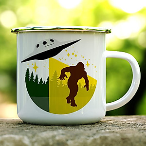 Sasquatch Bigfoot UFO Alien Abduction Campfire Mug, Outdoor Camping Coffee Cup, Mountain Nature Hiking Camp Lover Gift (12oz)