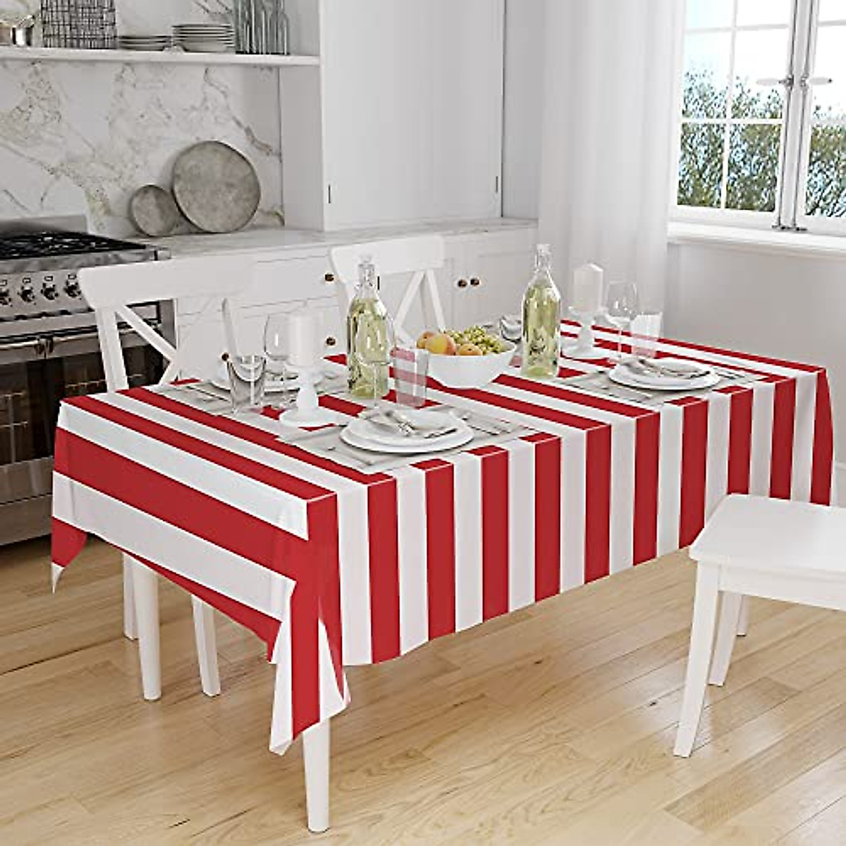 peony man 2 Pieces Red and White Striped Tablecloth Plastic Stripe Table Cover Carnival Circus Tablecloths Waterproof Rectangle Tablecloth for Holiday Party Picnic Decoration, 54" x 107"