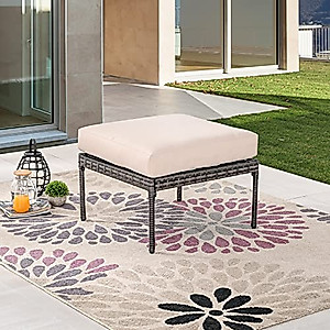 LOKATSE HOME Patio Footstool Outdoor Ottoman with Soft Thick Cushion for Garden Yard Deck Sunroom, Beige