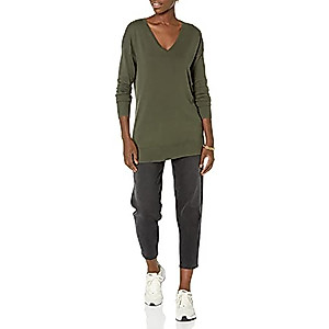 Amazon Essentials Women's Lightweight Long-Sleeve V-Neck Tunic Sweater (Available in Plus Size), Dark Olive, Large