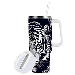 ALAZA White Tiger Portrait 40 oz Tumbler Stainless Steel Water Bottle Vacuum Insulated Cup with Straw Lid & Handle For Travel Car Cup Holder