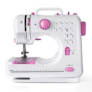 COSTWAY Electric Multifunctional Sewing Machine, 12 Stitches Portable Sewing Machine with Light Free Arm Battery, DC Adapter, Adjustable Sewing Speed (Pink+White)