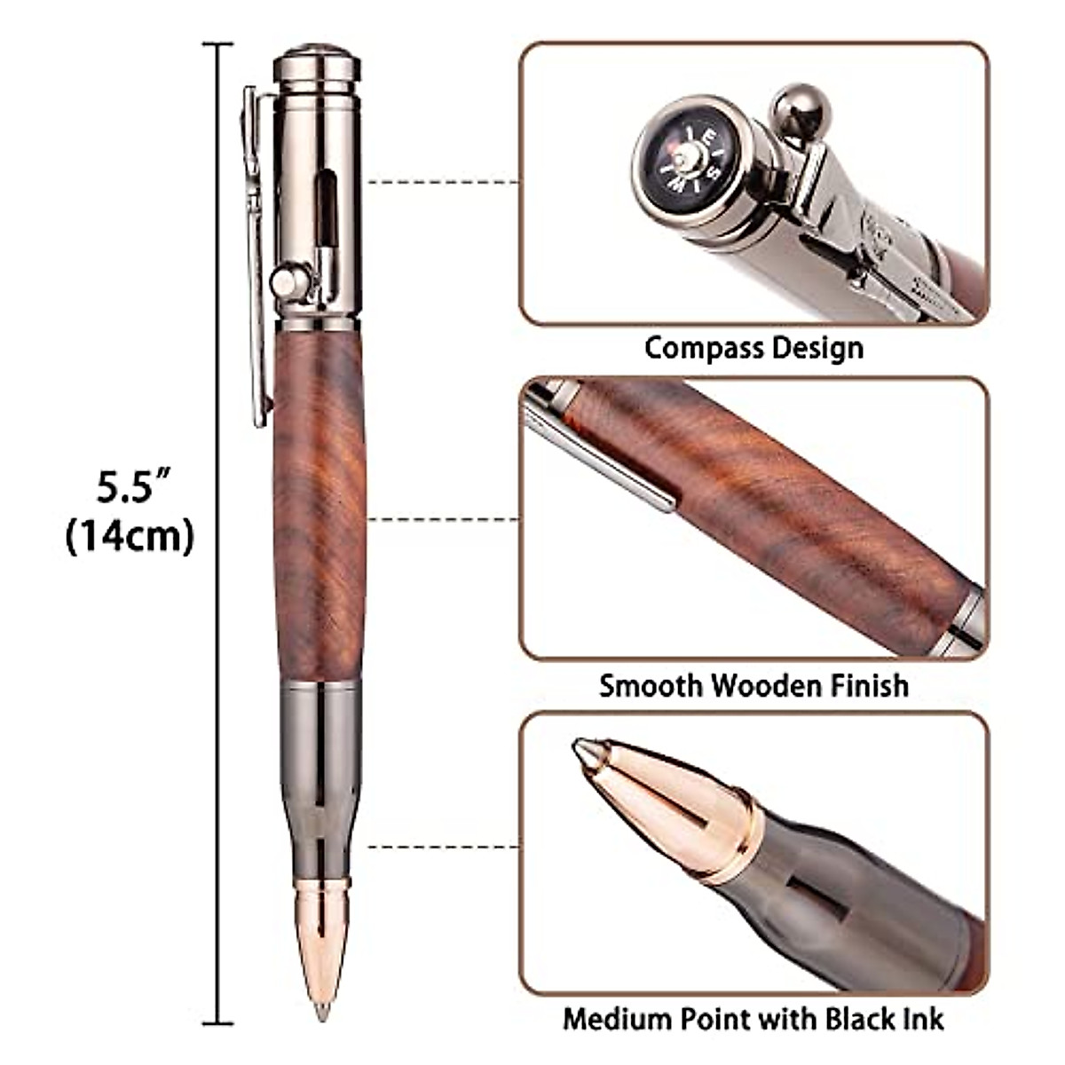 Bolt Action Pen Ballpoint Pen with Compass &Rifle Clip & Extra Refills & Office Decor Gift for Dad/Colleague/Boyfriend/Husband