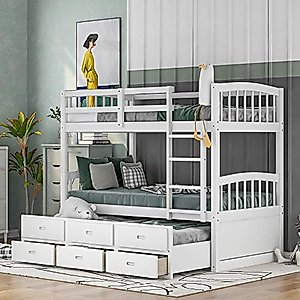 Harper & Bright Designs Twin Over Twin Bunk Bed with Storage Drawers, Solid Wood Bunk Bed Frame with Trundle, for Kids, Teens, Adults (White)