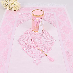 Islamic Elite Favors Personalized Muslim Lightweight Travel Prayer Rug Prayer Beads Set, Prayer Mat Tasbeeh Set, Ramadan Eid Hajj Umrah Wedding Birthday Graduation Mother's Day (Pink)