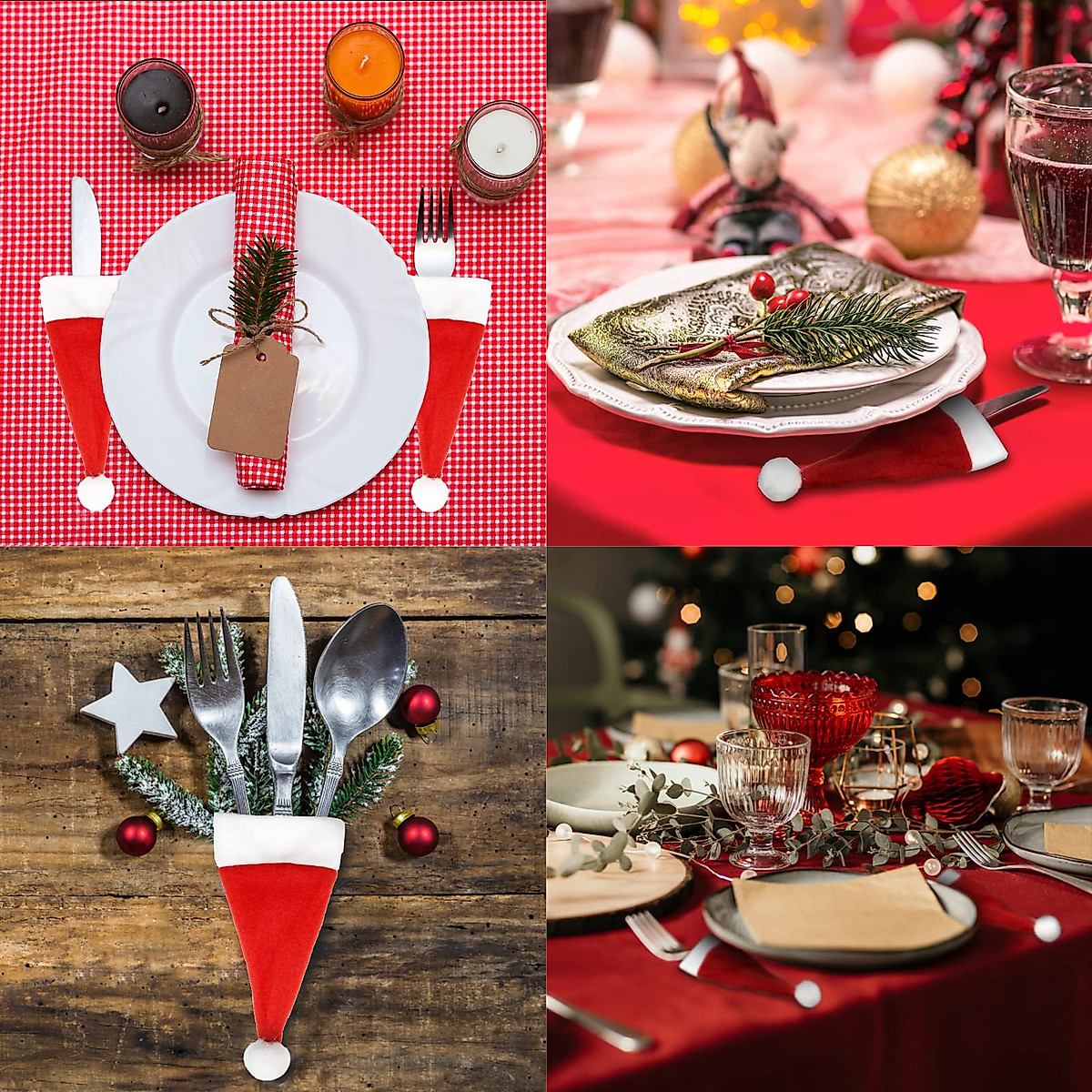 GSD 32pcs Santa Tableware Holders Wine Bottle Cover Silverware Cutlery Decor for Christmas Dinner Table Decorations, (Red & White)