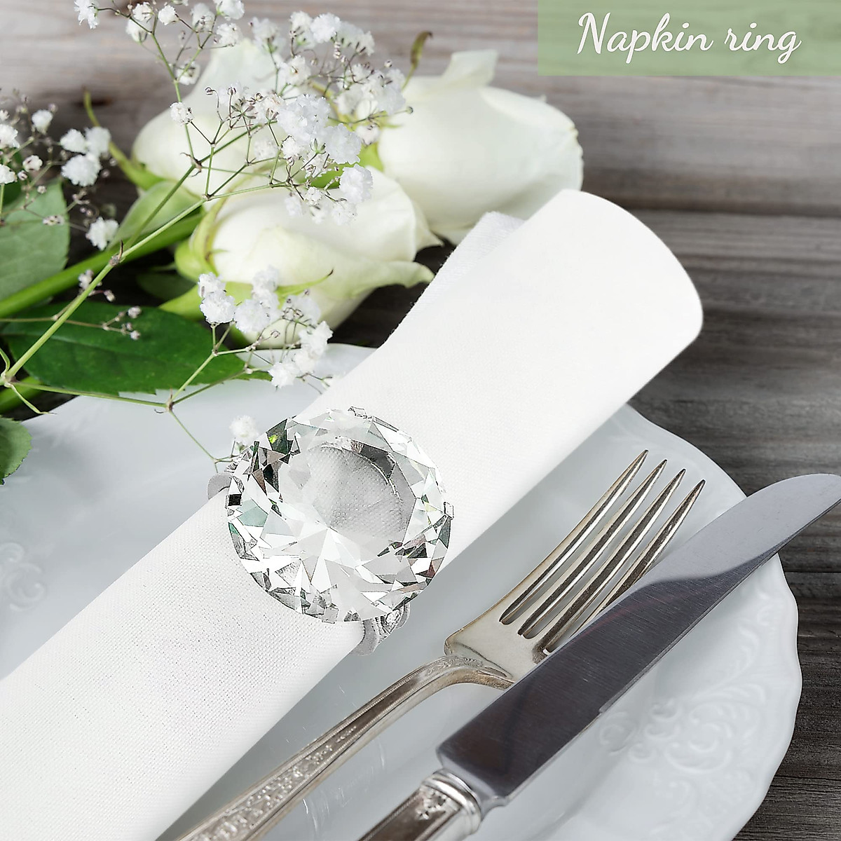 monochef Diamond Napkin Rings Set of 12 Silver Crystal Rhinestone Wedding Napkin Holder Holiday Dinner Decoration Bling Banquet Table Linen Accessory (Ring A Silver, 12)