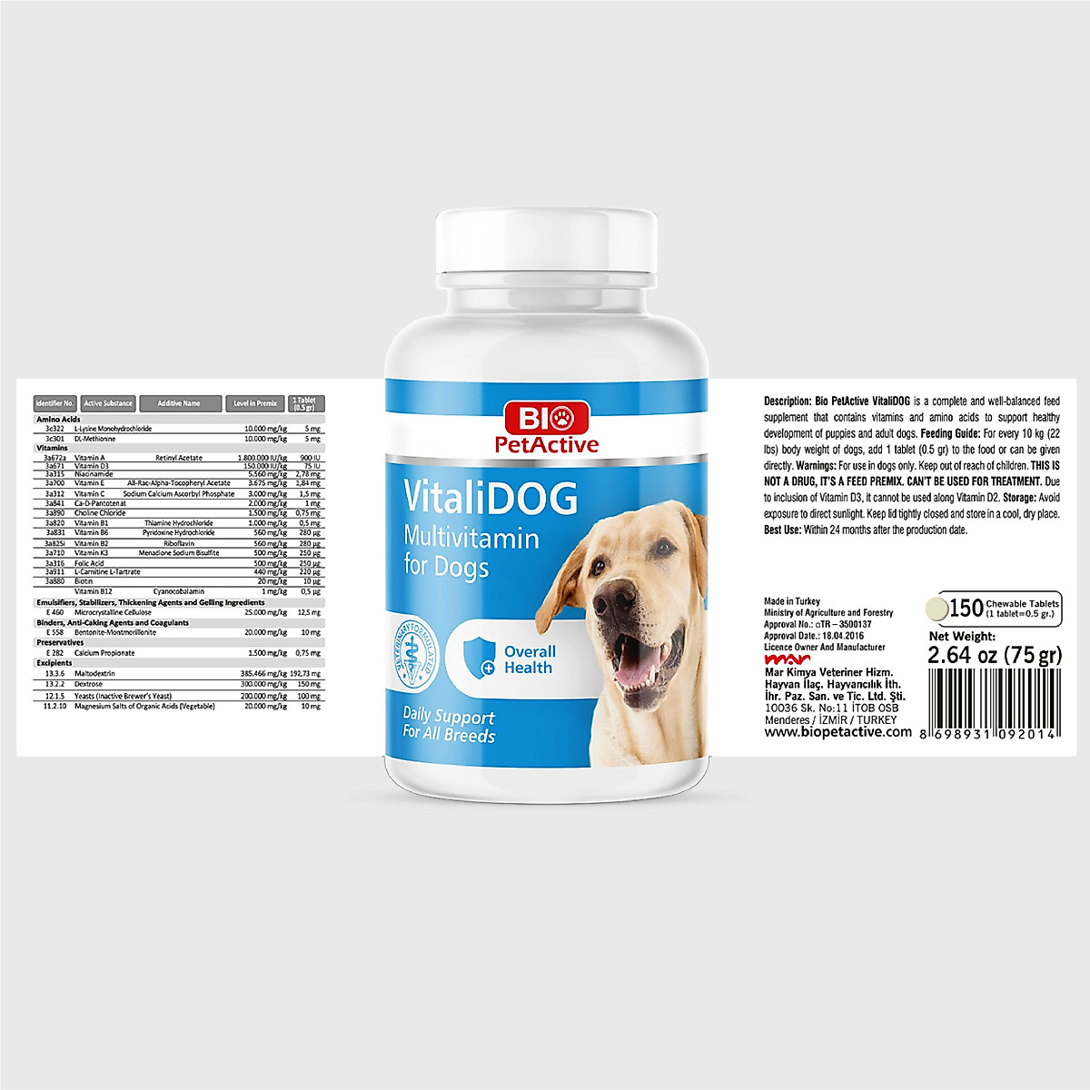 VitaliDOG Multivitamin for Dogs, Skin and Coat Supplement, Dog Prenatal Health Supplies, Vitamin A + E + B9 + B5 + H + Biotin + Amino Acids + Folic Acid for Dogs, 150 Chewable Tablets