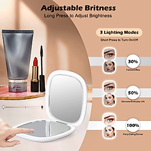 TIMCHASER Magnifying Travel Makeup Mirror, 1X/10X Magnification Compact Mirror, Dimmable 2-Sided Illuminated Folding Mirror, USB Rechargeable, Portable for Handbag, Purse, Pocket