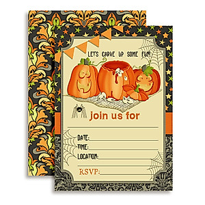Pumpkin Carving Halloween Birthday Party Invitations, 20 5x7 Fill In Cards with Twenty White Envelopes by AmandaCreation