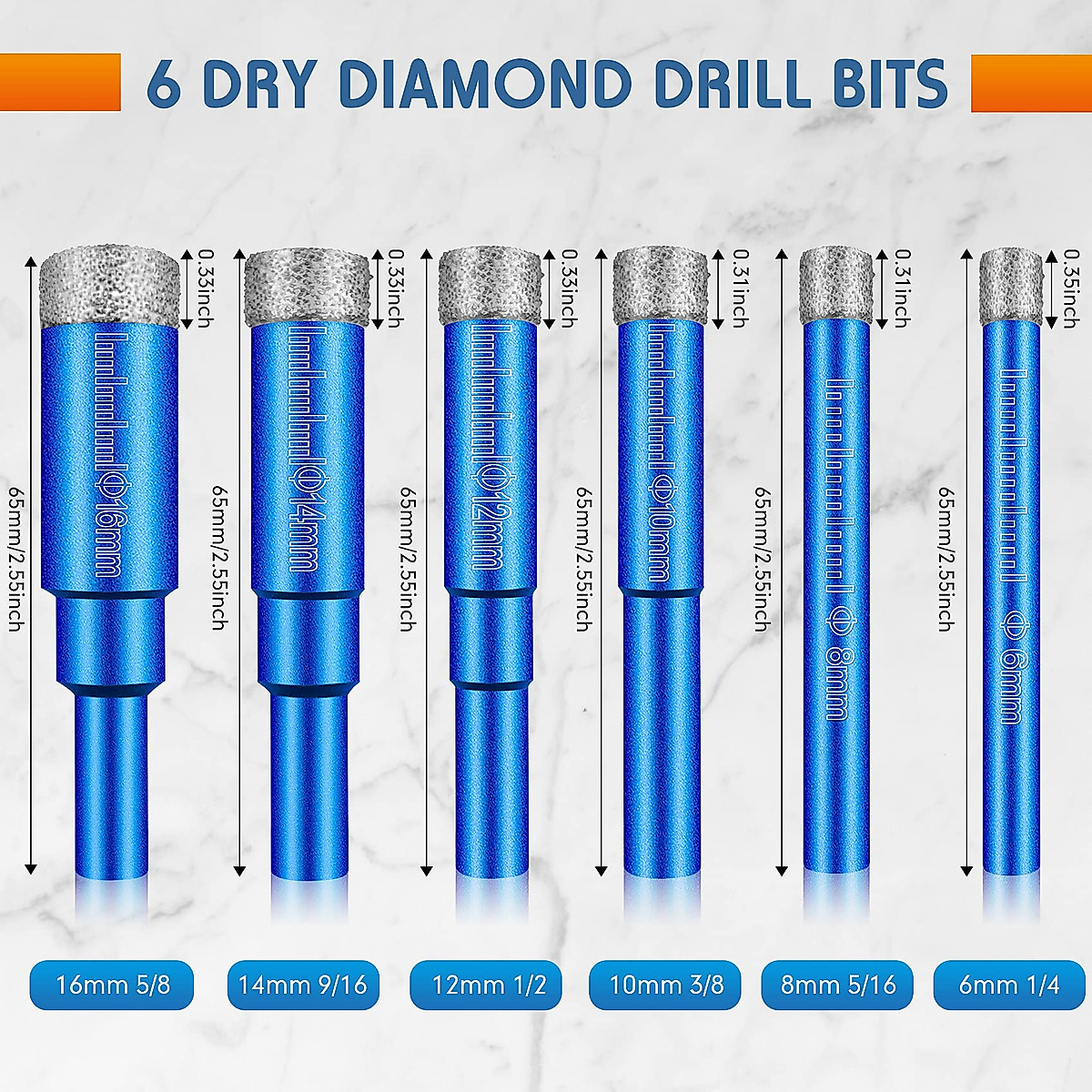 Dry Diamond Drill Bits Set 6 PCs Small Diamond Hole Saw Kit for Granite Marble Porcelain Tile Ceramic Stone Glass Hard Materials (not for Wood) Round Shank 1/4, 5/16, 3/8, 1/2, 9/16, 5/8 inch