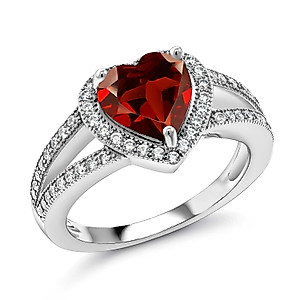 Gem Stone King 925 Sterling Silver Red Garnet & White Moissanite Ring For Women | 2.71 Cttw | Gemstone Birthstone | Heart Shape 8MM | Available In Size 5,6,7,8,9