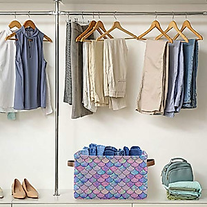 senya Large Foldable Storage Basket, Mermaid Fish Scale Wave Fabric Storage Bin Organizer Bag with Handles 15 x 11 x 9.5 inch
