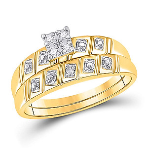 Sizes - L = 7.5, M = 11 - 10k Yellow Gold Diamond Round Center Wedding Mens And Ladies Couple His & Hers Trio 3 Three Ring Bridal Matching Engagement Wedding Ring Band Set (0.08 cttw.) - Please use drop down menu to select your desired ring sizes