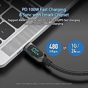 SOOPII 100W 4ft USB C to USB C Cable Fast Charge, Nylon Braided Type-C Cable with LED Display for lPad Air/lPad Pro, MacBook Pro, Samsung Galaxy S21/S10/S9/Plus (Black)